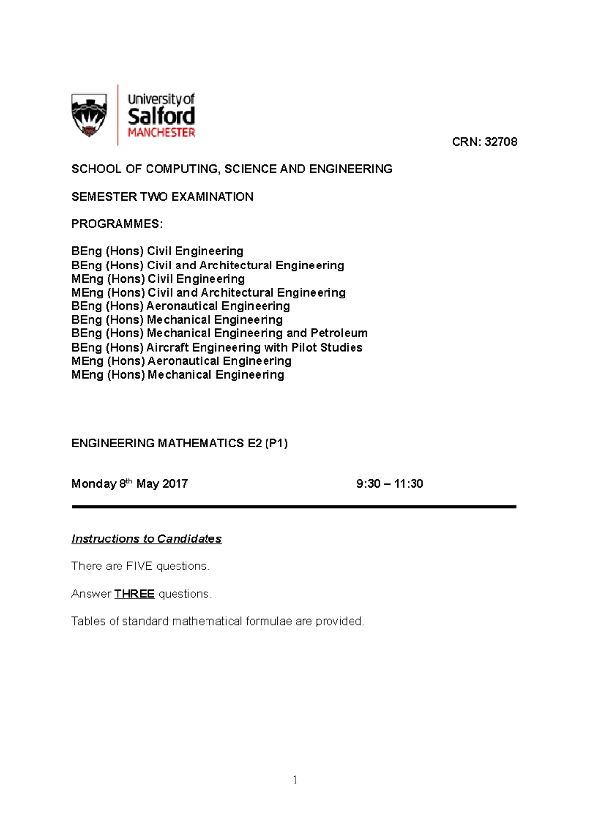 32708 Engineering Maths E2 May 2017 - CRN: 32708 SCHOOL OF COMPUTING ...