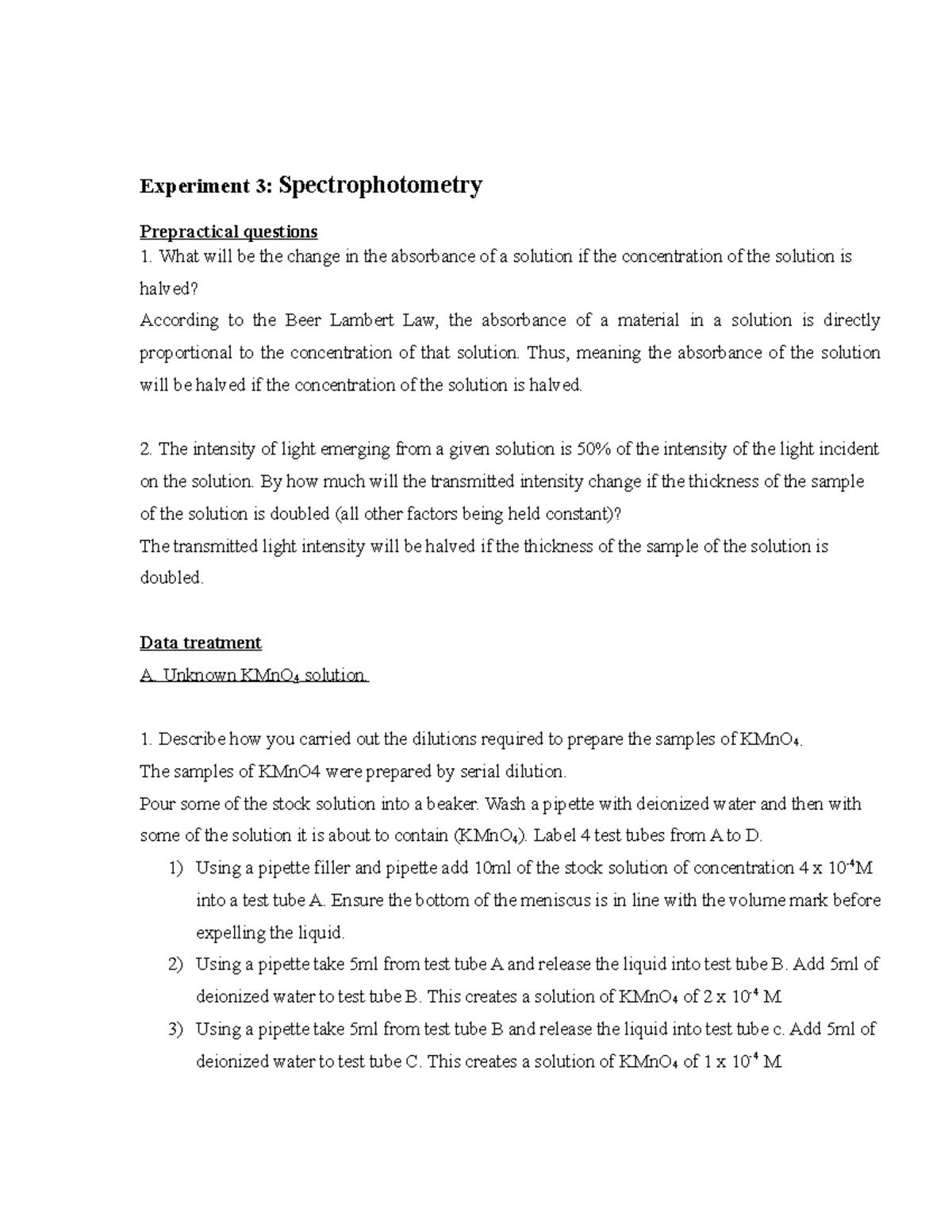 Experiment 3 Results Booklet - Experiment 3: Spectrophotometry Prepractical questions What will ...