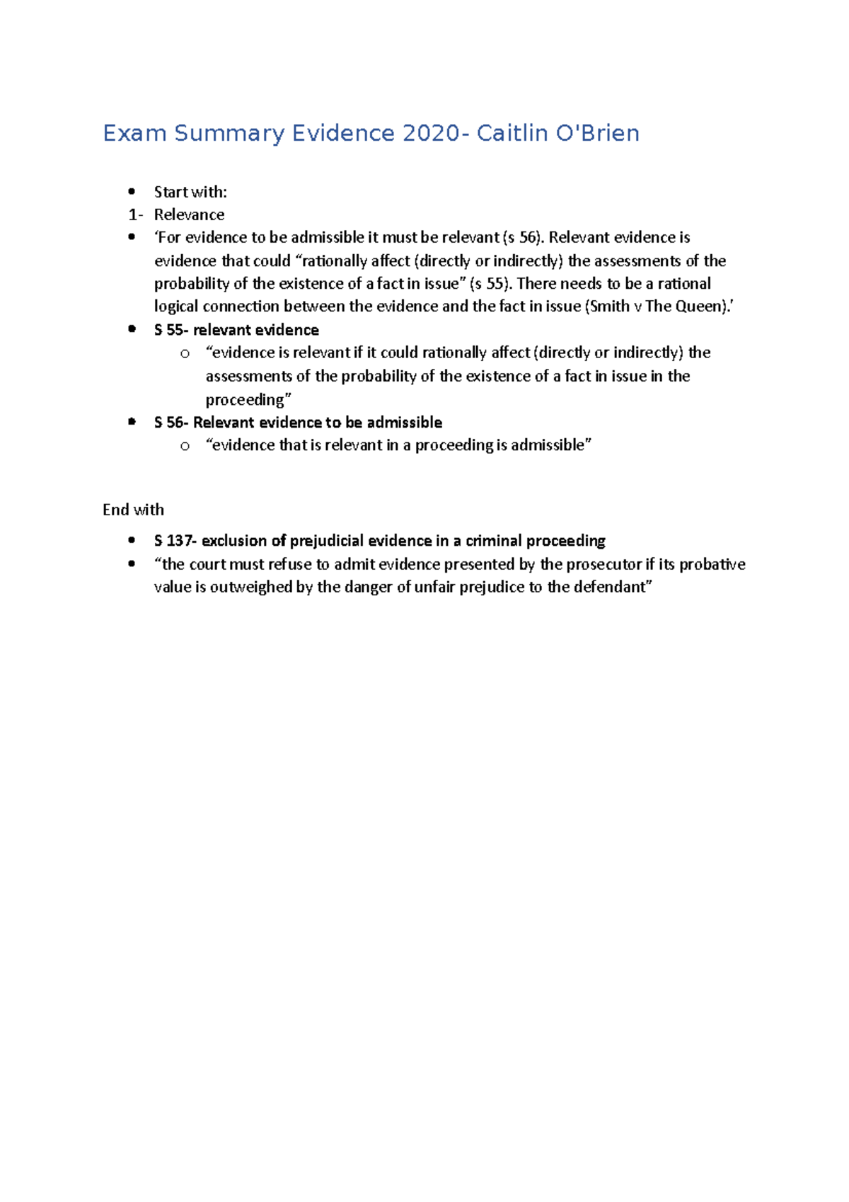 EXAM Summary Evidence - Exam Summary Evidence 2020- Caitlin O'Brien ...