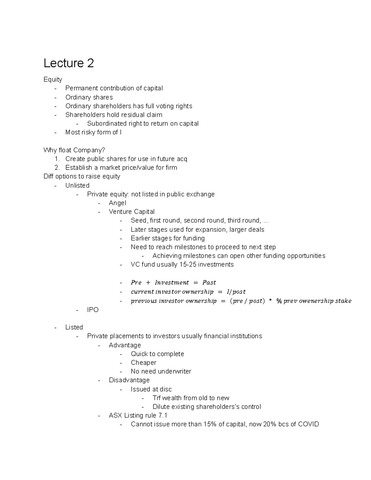 Lecture 2 Summary CFDM Lecture 2 of CFDM - Lecture 2 Equity - Permanent ...
