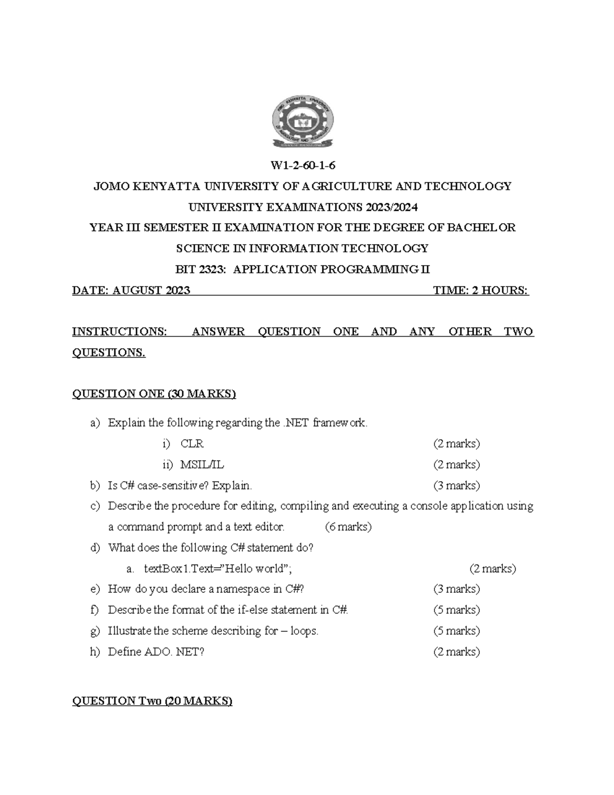Application Programming II EXAM Sample 1 - W1-2-60-1- JOMO KENYATTA UNIVERSITY OF AGRICULTURE ...