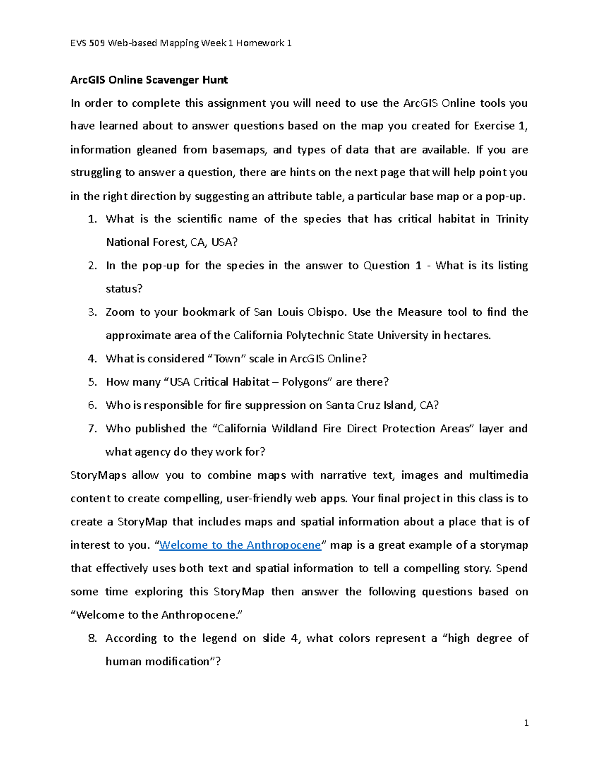 1. Week1Homework-Scavenger Hunt - EVS 509 Web-based Mapping Week 1 Homework 1 ArcGIS Online ...