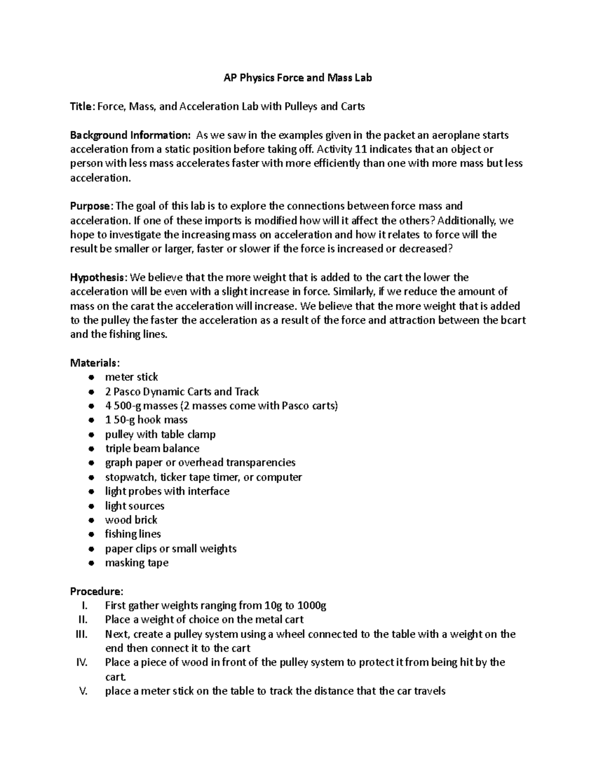 AP Physics Force and Mass Lab - AP Physics Force and Mass Lab Title ...