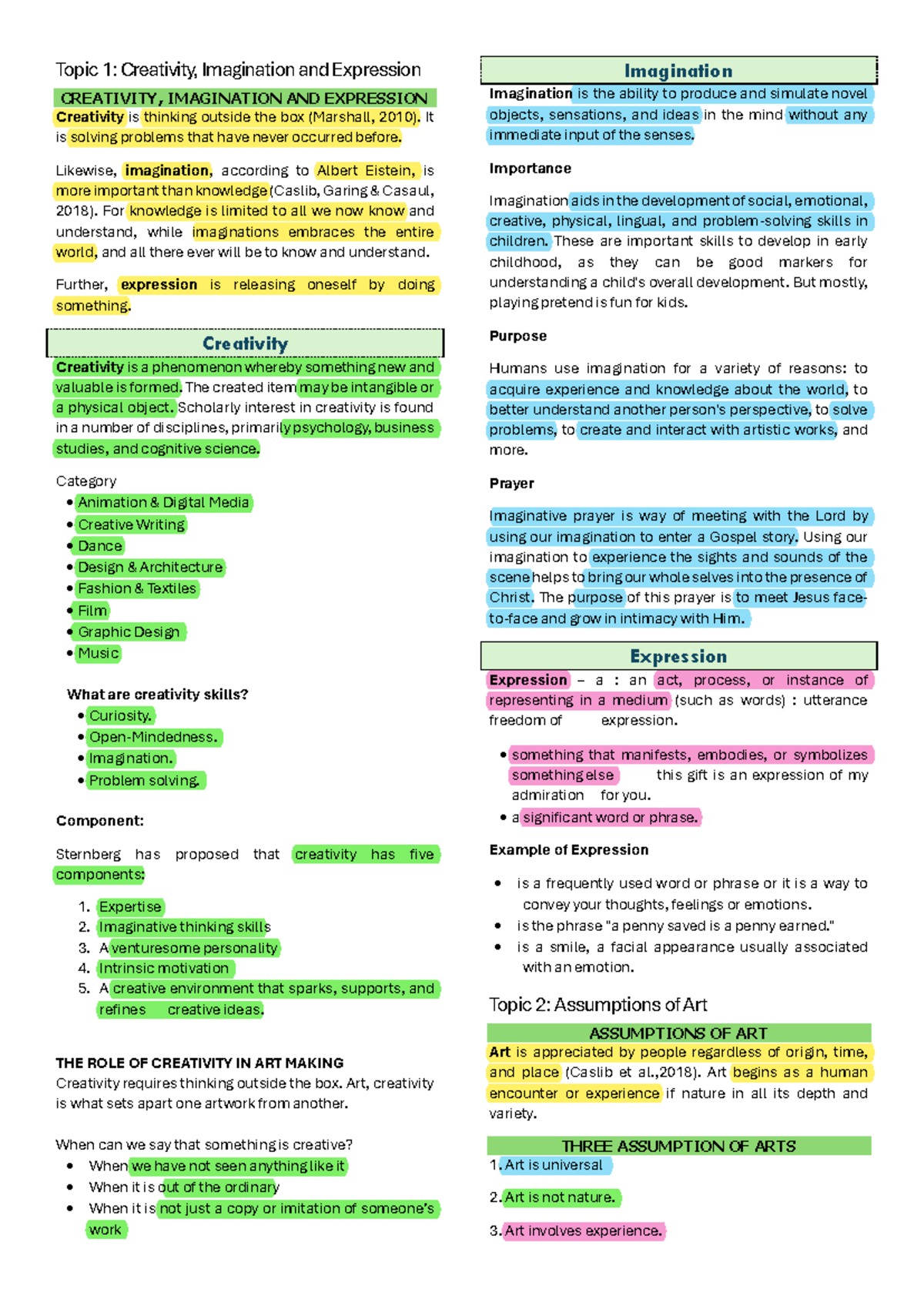 ARTS Appreciation Prelims - Topic 1: Creativity, Imagination and Expression CREATIVITY ...