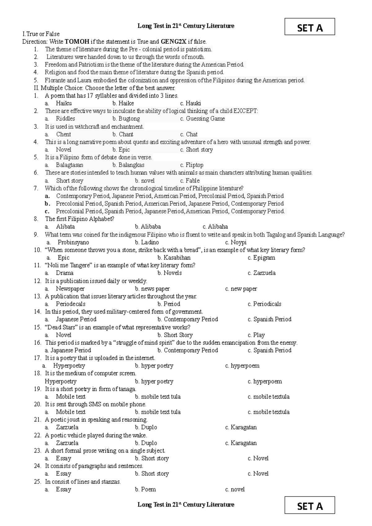 Long Test in 21st Century Literature- 2023-2024 SET A - Long Test in ...
