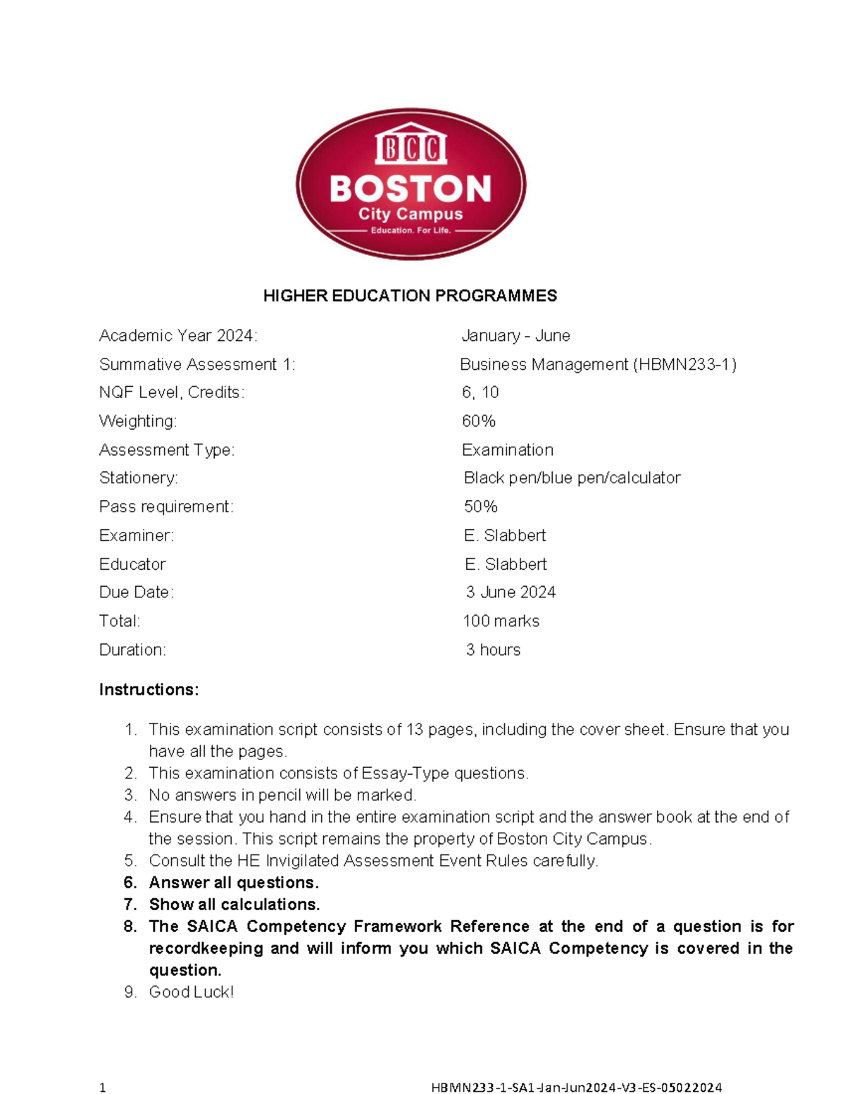 HBMN - EXAM PAPER JAN - JUNE 2024 - HIGHER EDUCATION PROGRAMMES ...