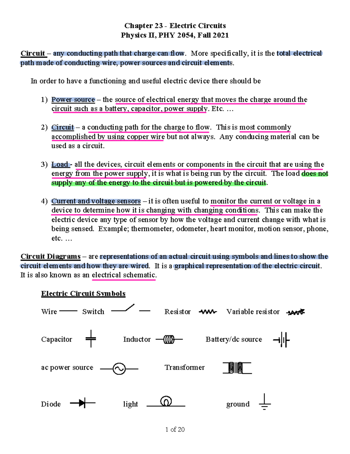 Chapter 23 - Circuits - Chapter 23 - Electric Circuits Physics II, PHY 2054, Fall 2021 Circuit ...