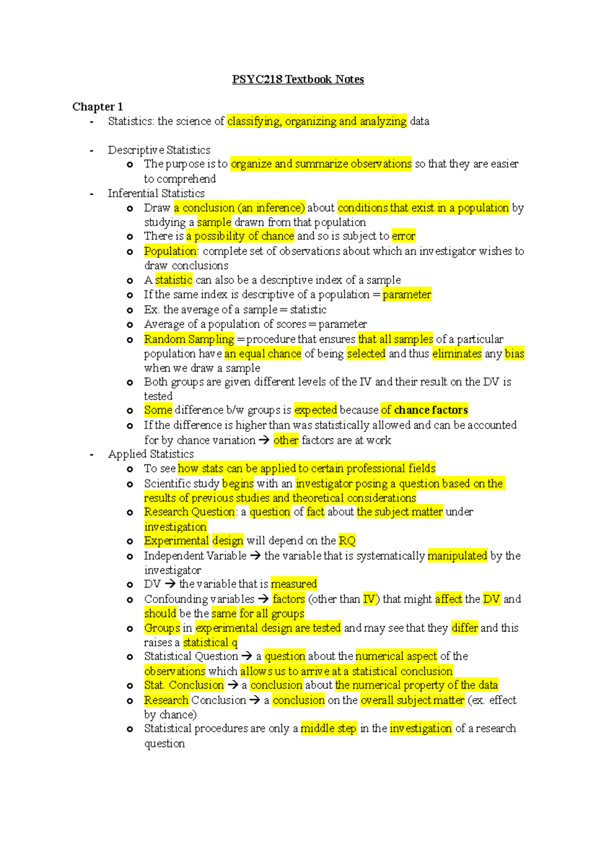 PSYC218 Textbook Notes - PSYC218 Textbook Notes Chapter 1 - Statistics ...