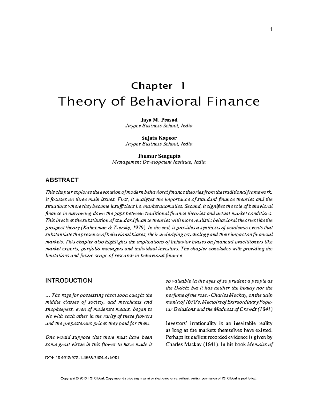 Chapter 1 Theory of Behavioral Finance - Copyright © 2015, IGI Global ...