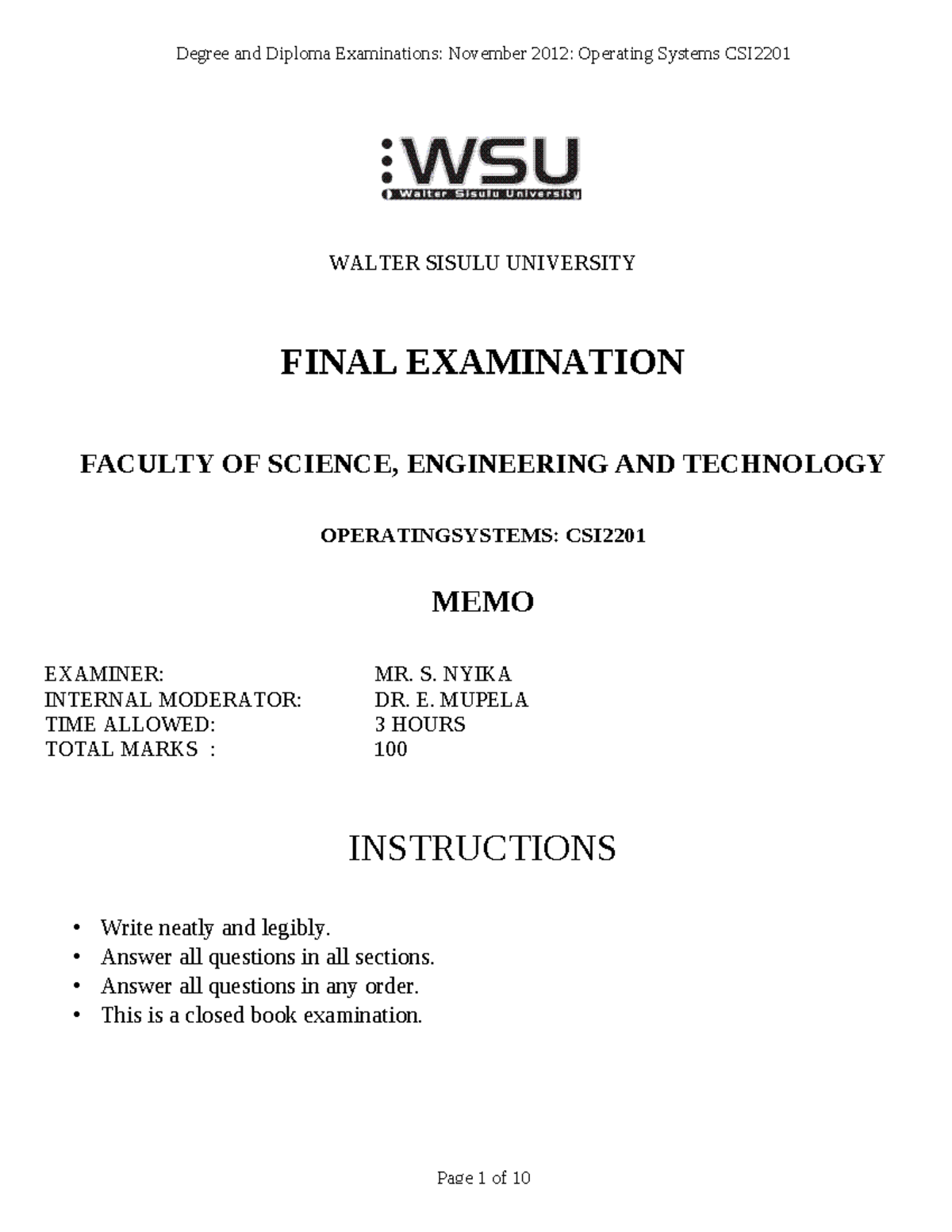CSI2201 Operating Systems Final Exam Memo 2012 - WALTER SISULU ...