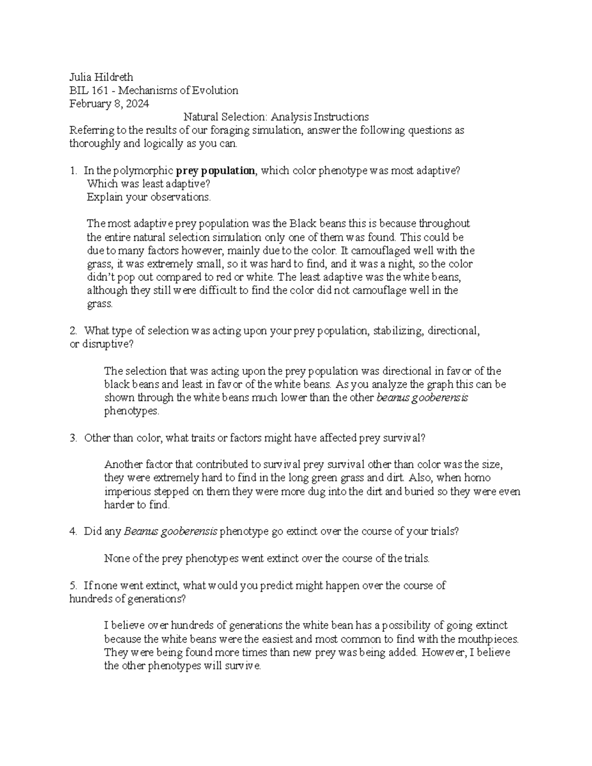 Natural Selection- Analysis Lab - Julia Hildreth BIL 161 - Mechanisms ...