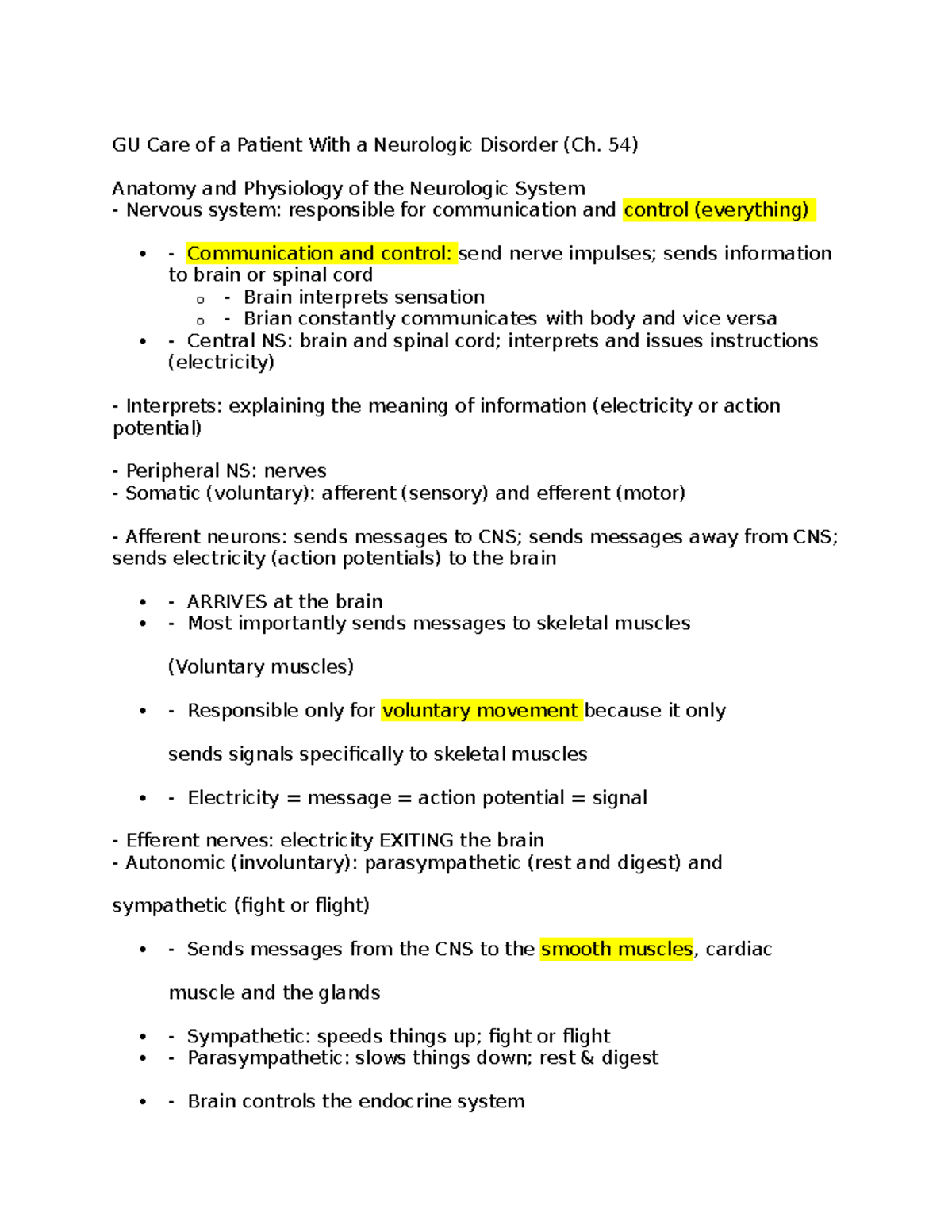 Neruo System Study guide - GU Care of a Patient With a Neurologic ...