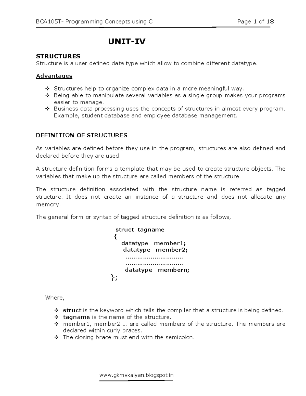 Unit 4 C - basics of C fundamentals of programming - UNIT-IV STRUCTURES ...