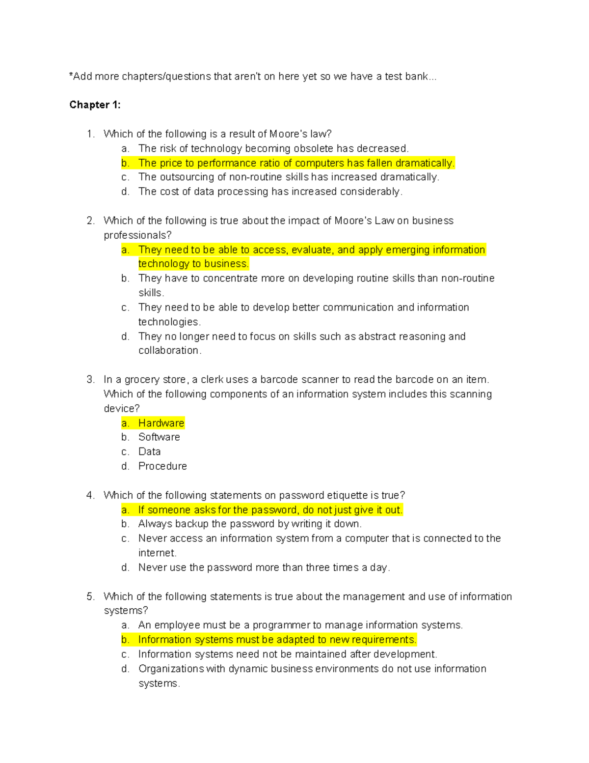 FALL BIS 111 TEST 1 - test 1 practice questions and answers - *Add more ...