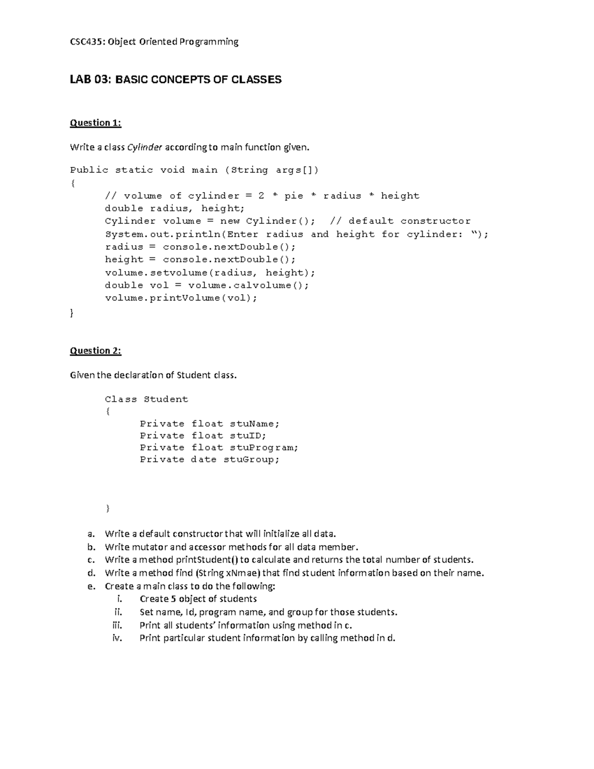 Lab 03 Input Output Csc435 Object Oriented Programming Lab 03 Basic Concepts Of Classes 6015