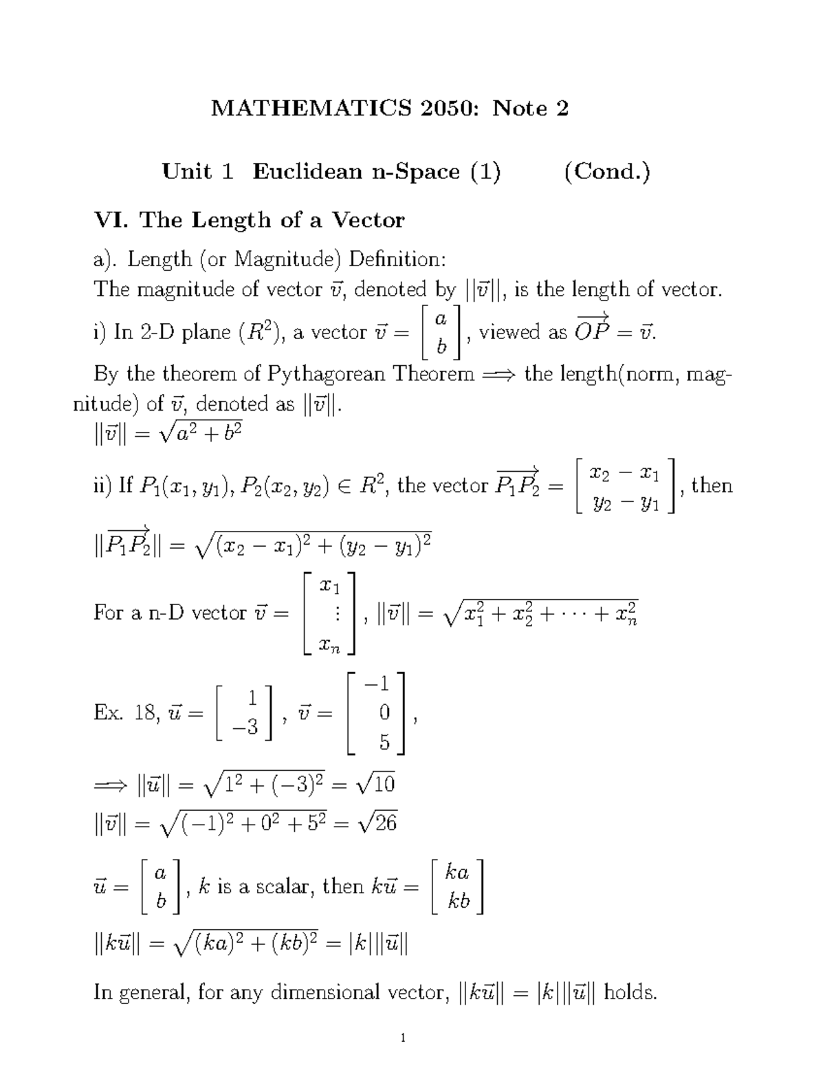 N2 - Notes 2 - MATHEMATICS 2050: Note 2 Unit 1 Euclidean n-Space (1 ...