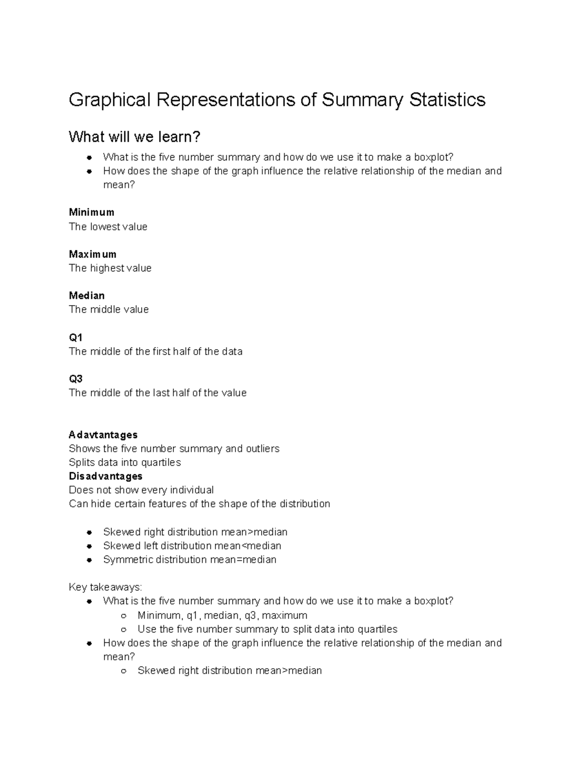 notes for statistics - Graphical Representations of Summary Statistics ...