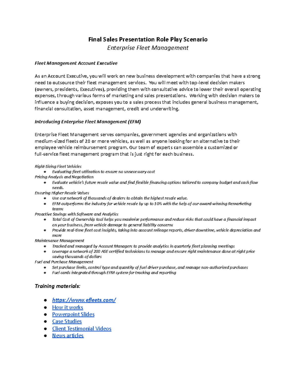 Fleet Management Role Play Scenario - Final Sales Presentation Role ...