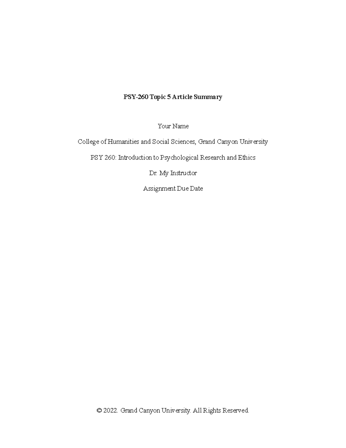 PSY 260 RS T5 Article Summary Template - PSY-260 Topic 5 Article Summary Your Name College of ...