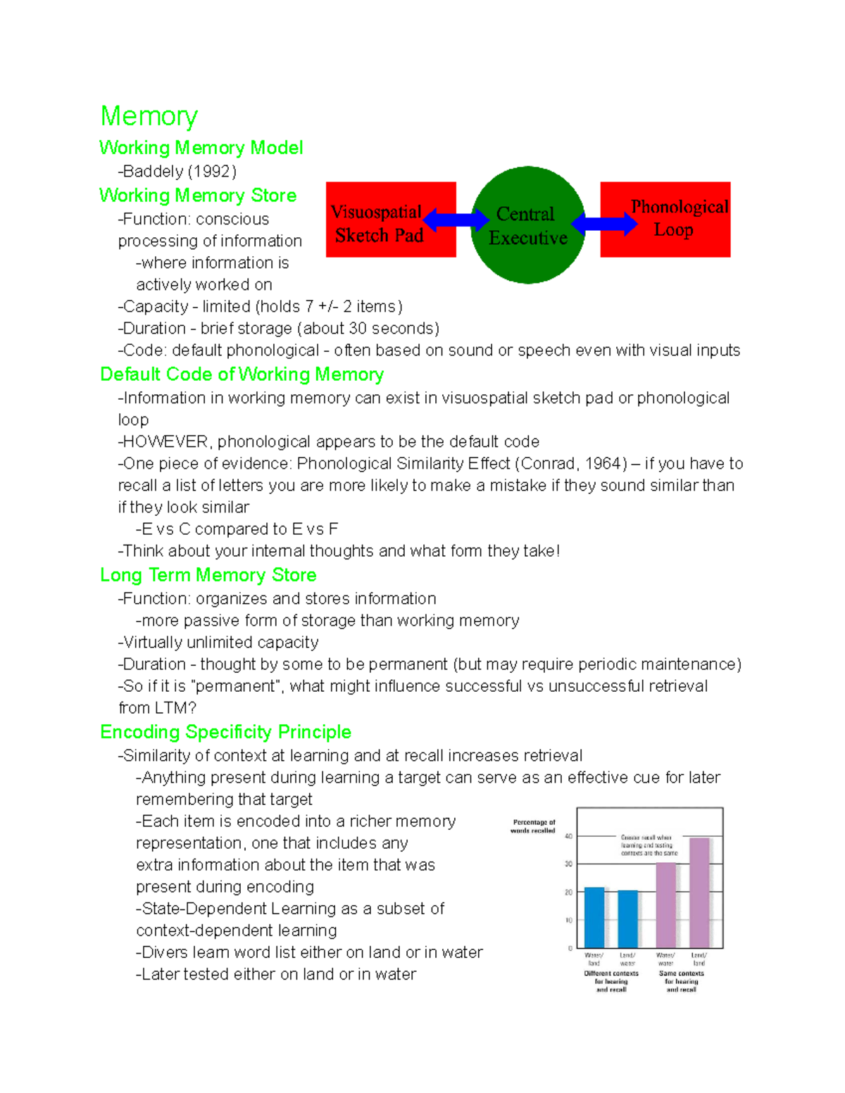 Psyc 201 Lecture 24 25 Memory Memory Working Memory Model Baddely 1992 Working Memory Store