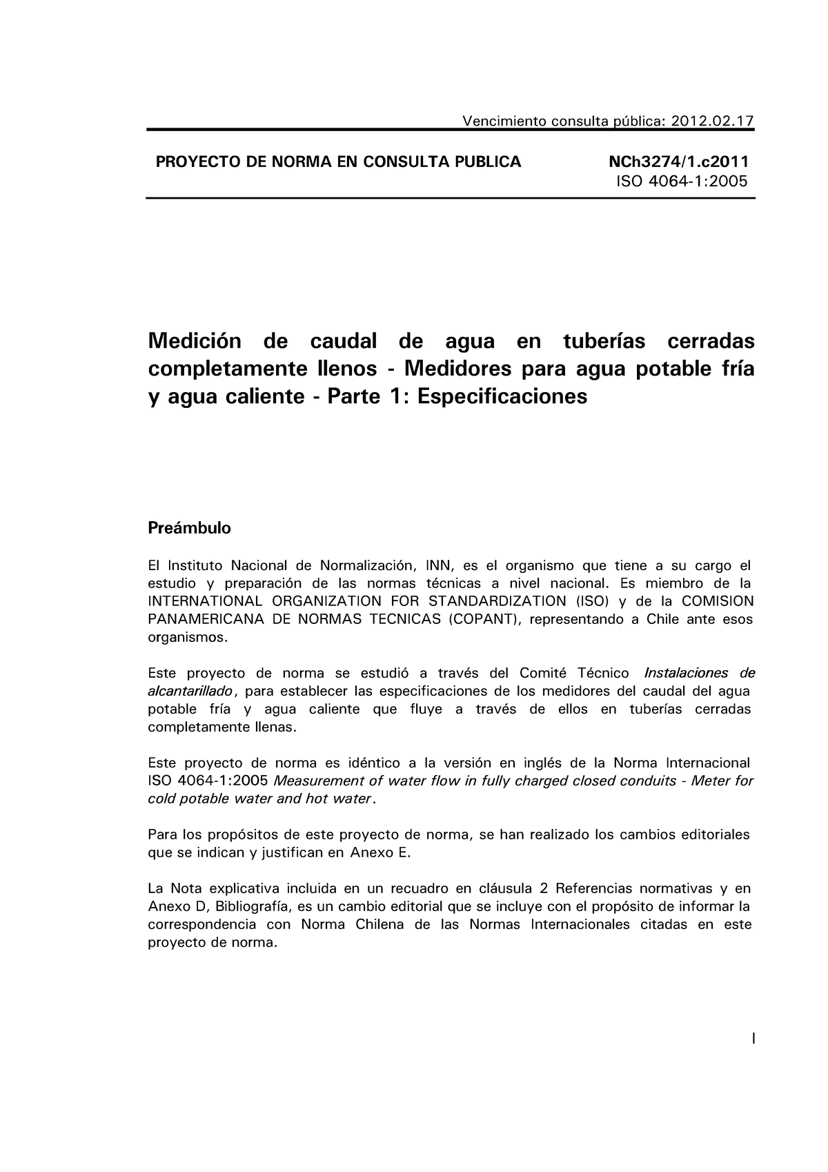 Nch 3274 (2012 ) -Medidores de Caudal - II Vencimiento consulta pública: 2012.02 consulta ...