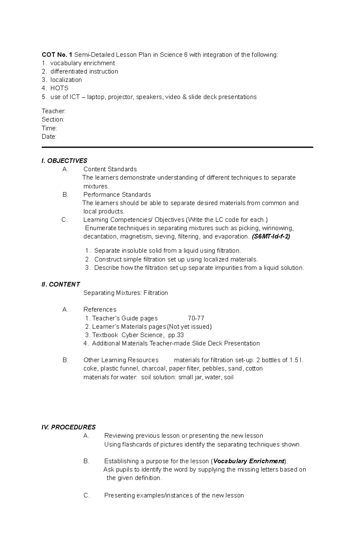 LP for Observation NO. 1 - COT No. 1 Semi-Detailed Lesson Plan in ...