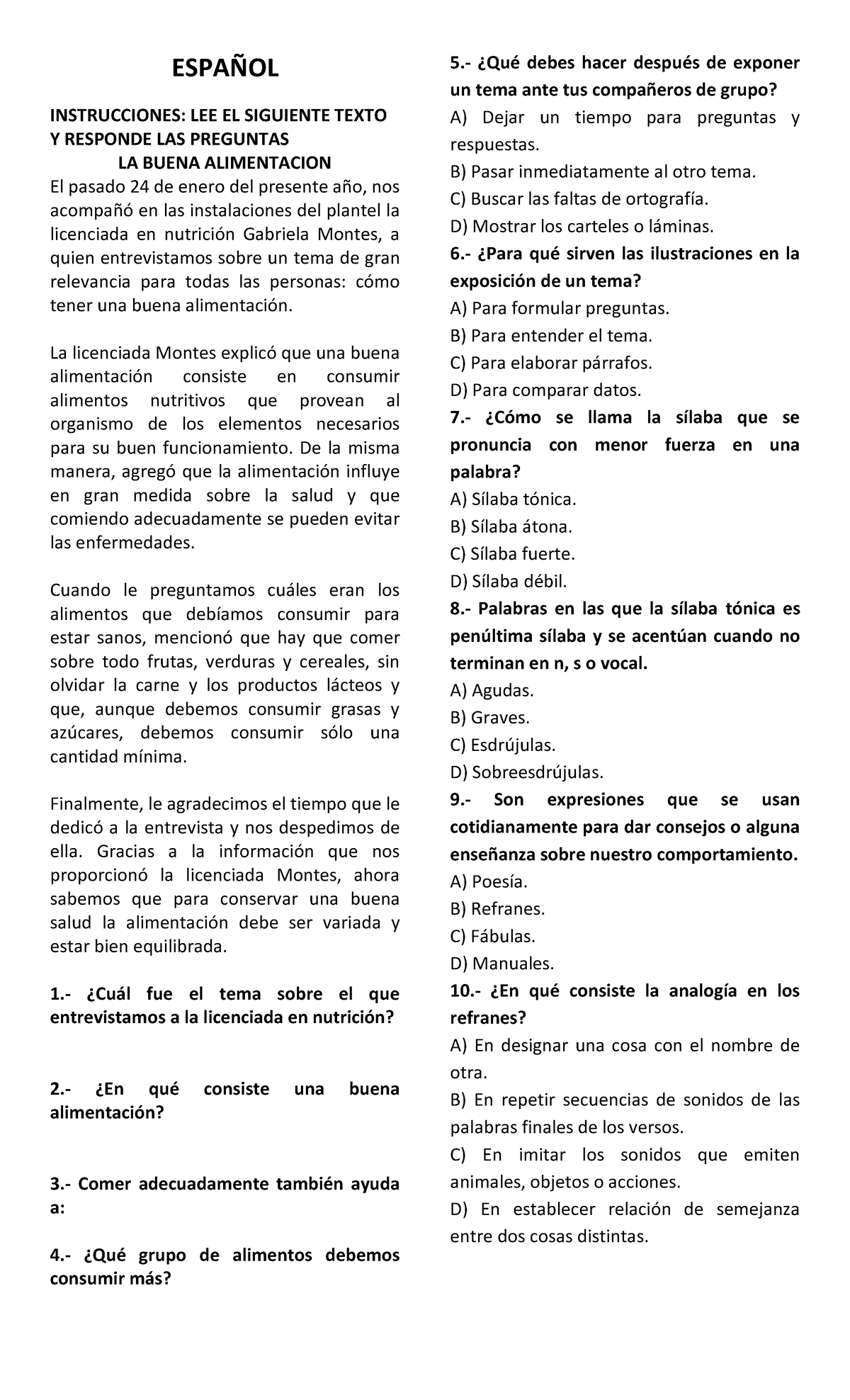 Examen Diagnostico 17-18 - ESPAÑOL INSTRUCCIONES: LEE EL SIGUIENTE ...