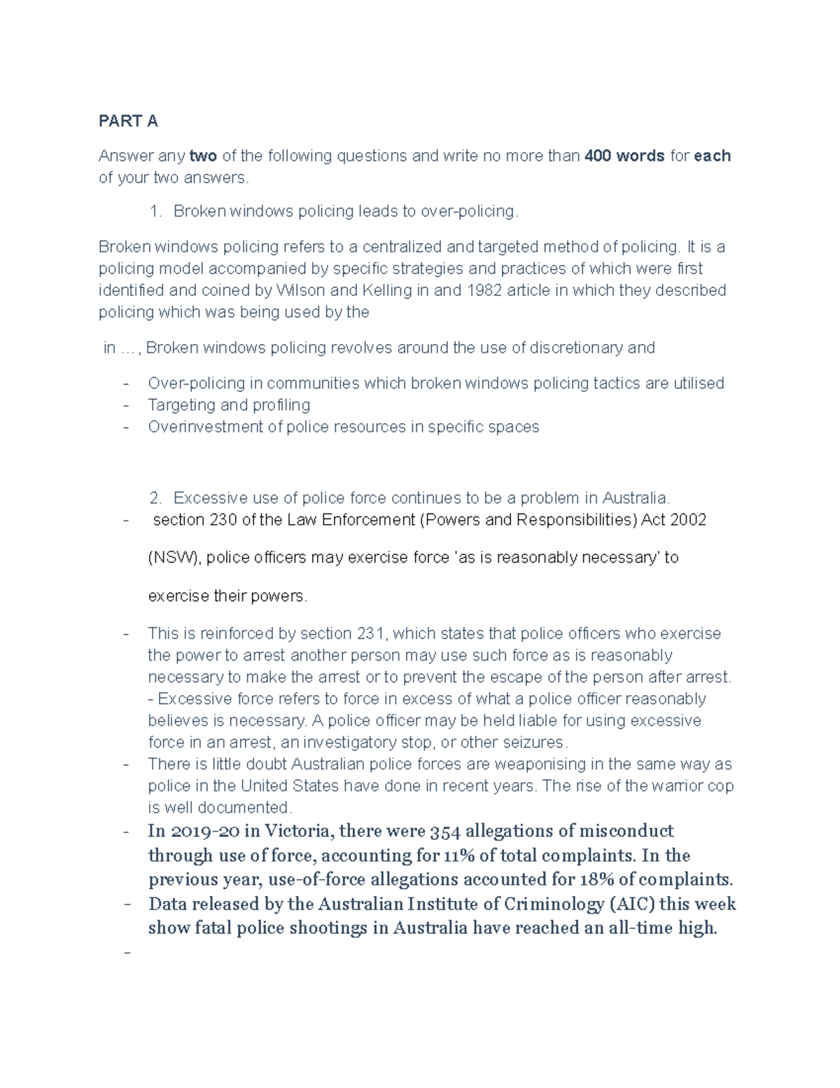 Crim exam - info - PART A Answer any two of the following questions and write no more than 400 ...