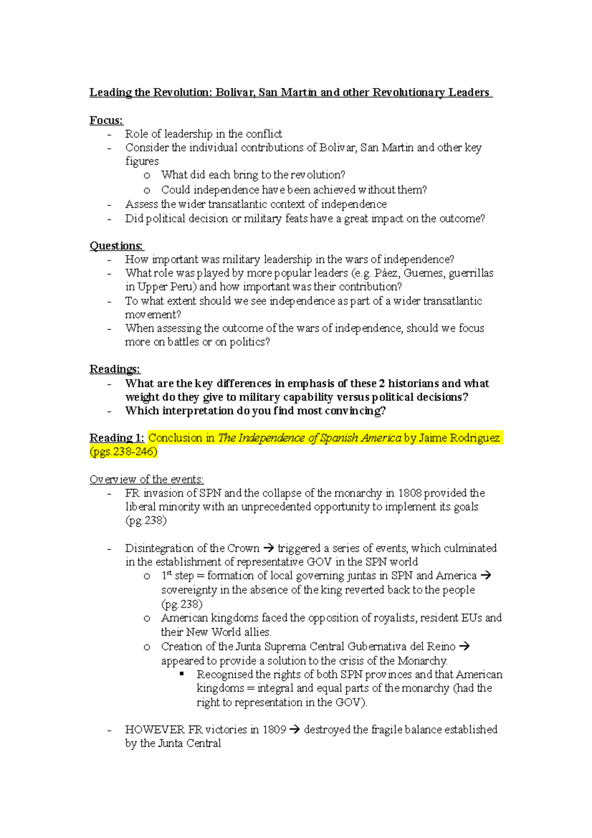 WEEK 6 Reading Notes - Leading the Revolution: Bolivar, San Martín and ...