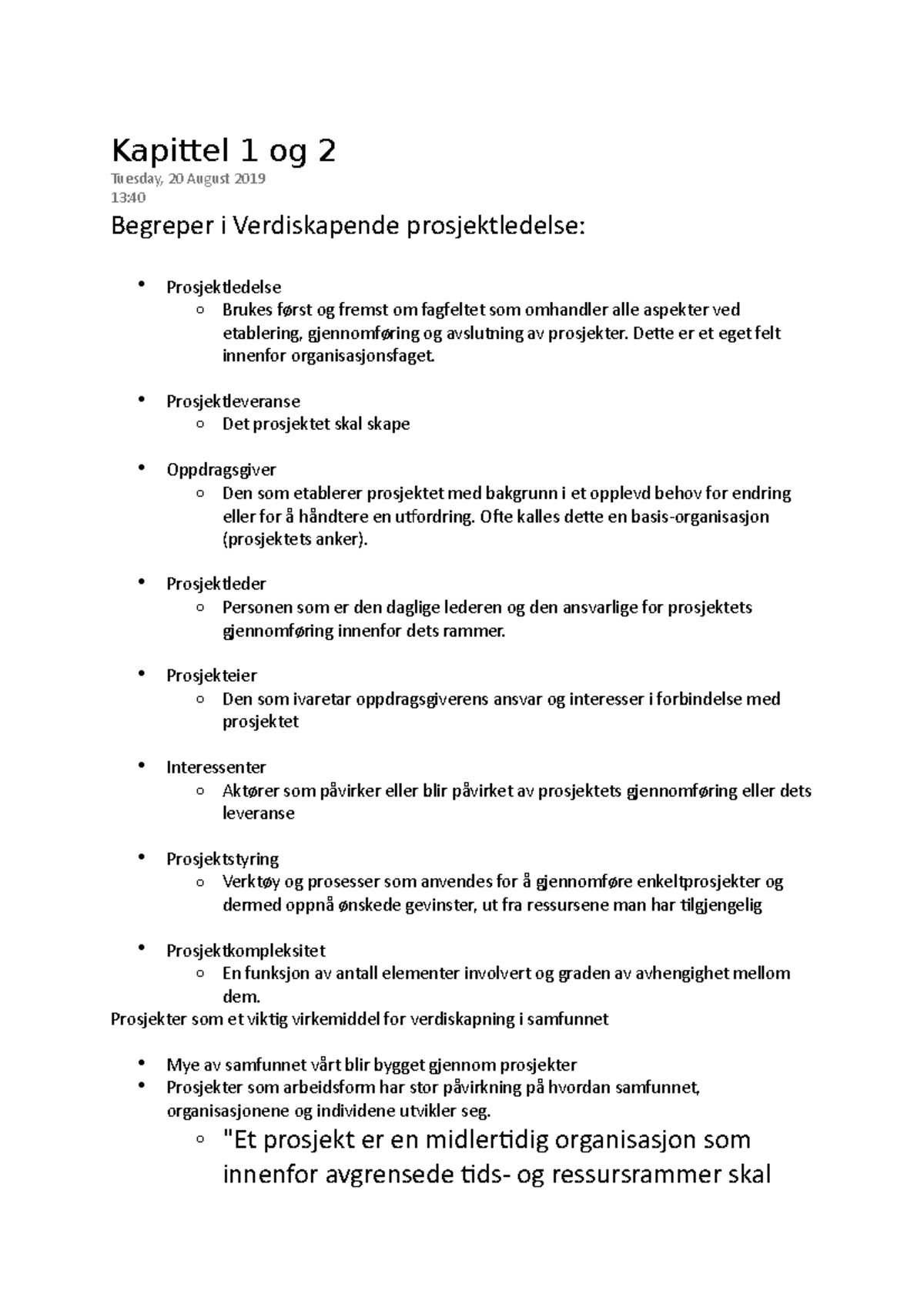 Kapittel 1 og 2. PSS - Kapittel 1 og 2 Tuesday, 20 August 2019 13: Begreper i Verdiskapende ...