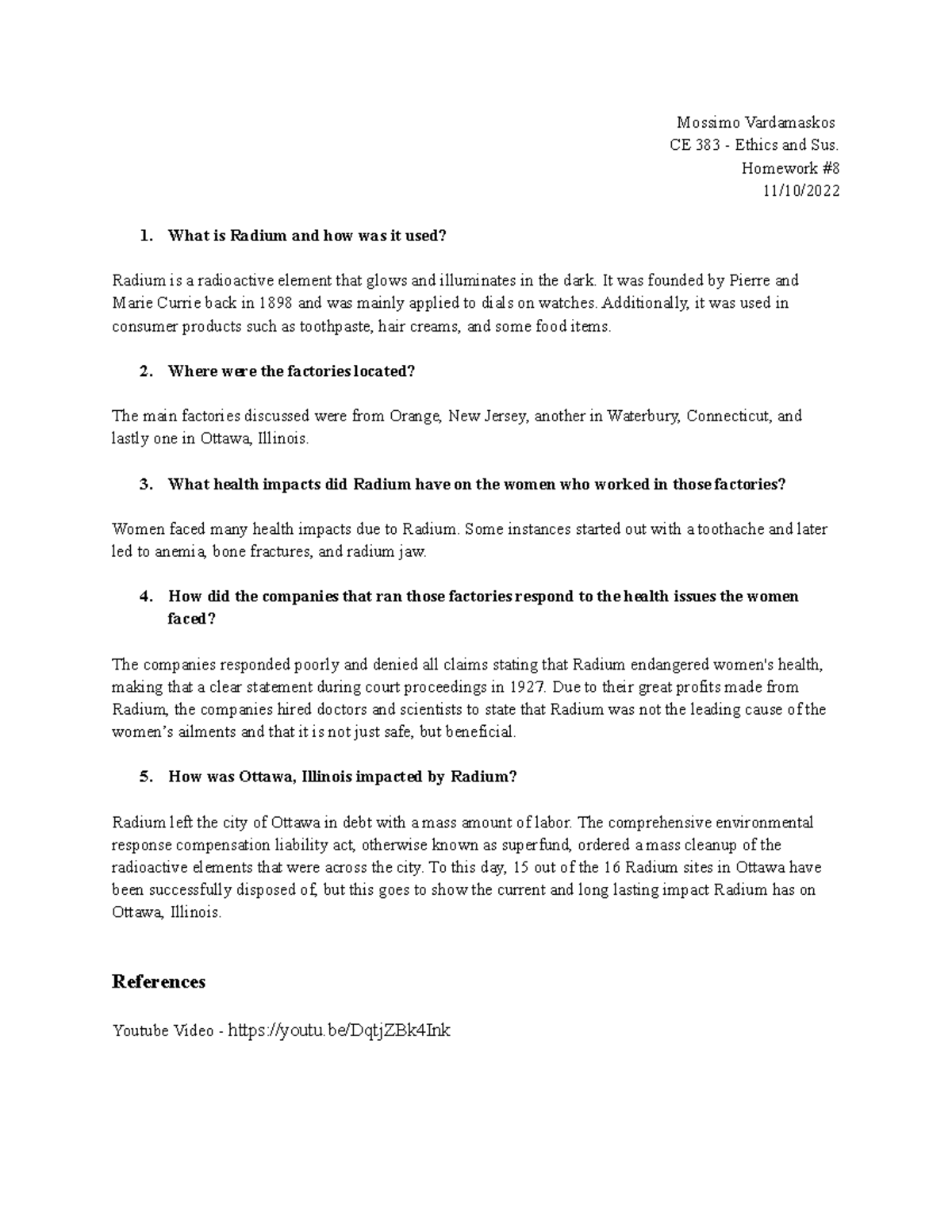 CE 383 - Homework #8 Part #1 - Mossimo Vardamaskos CE 383 - Ethics and ...