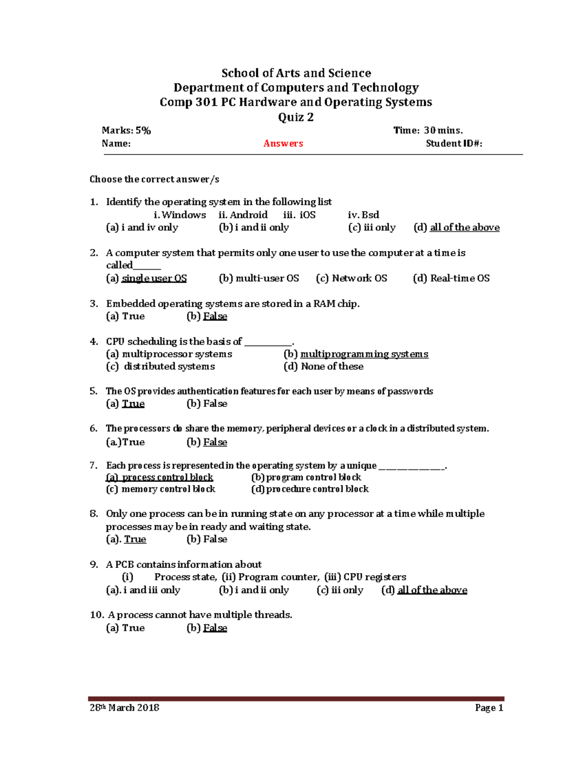 PCHW quiz2 ans - 28 th March 2018 Page 1 School of Arts and Science ...