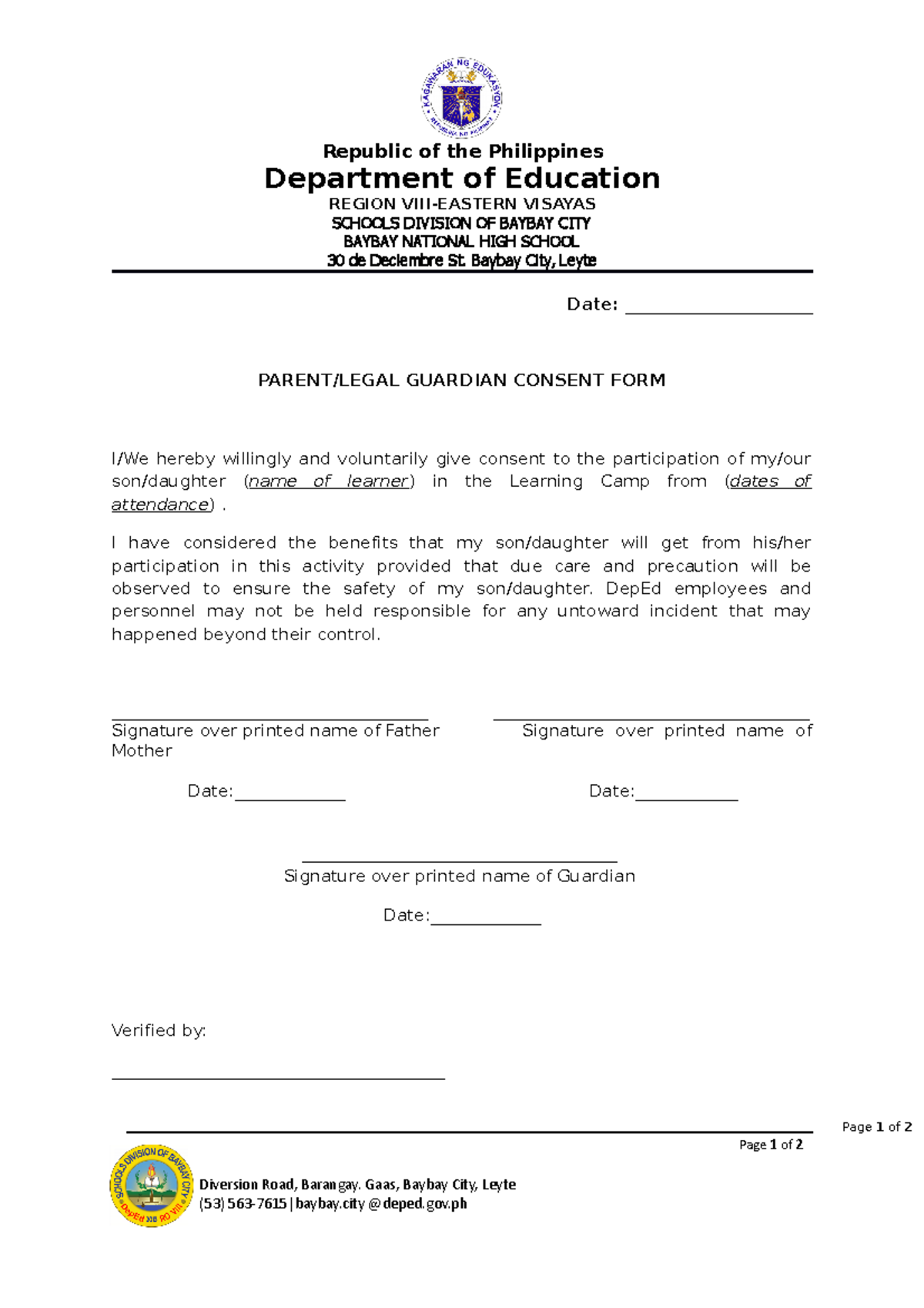 NLRP-NLC Parent Consent Form - Republic of the Philippines Department ...