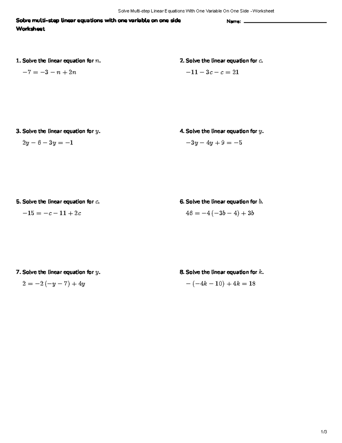 1.3 written practice problems - Solve Multi-step Linear Equations With ...