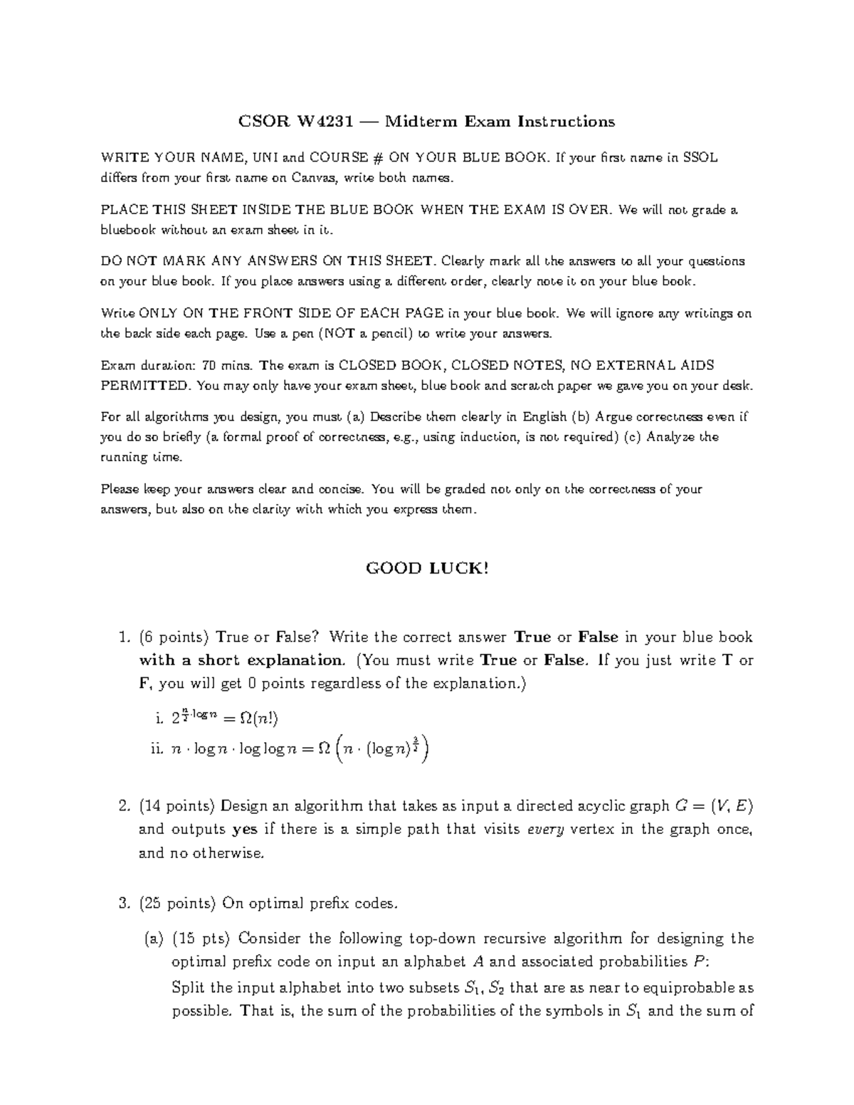 Midterm-Spring 2023 - study material - CSOR W4231 — Midterm Exam Instructions WRITE YOUR NAME ...