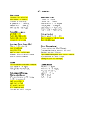 ATI Lab Values - Laboratory Values *This list is based on current ...