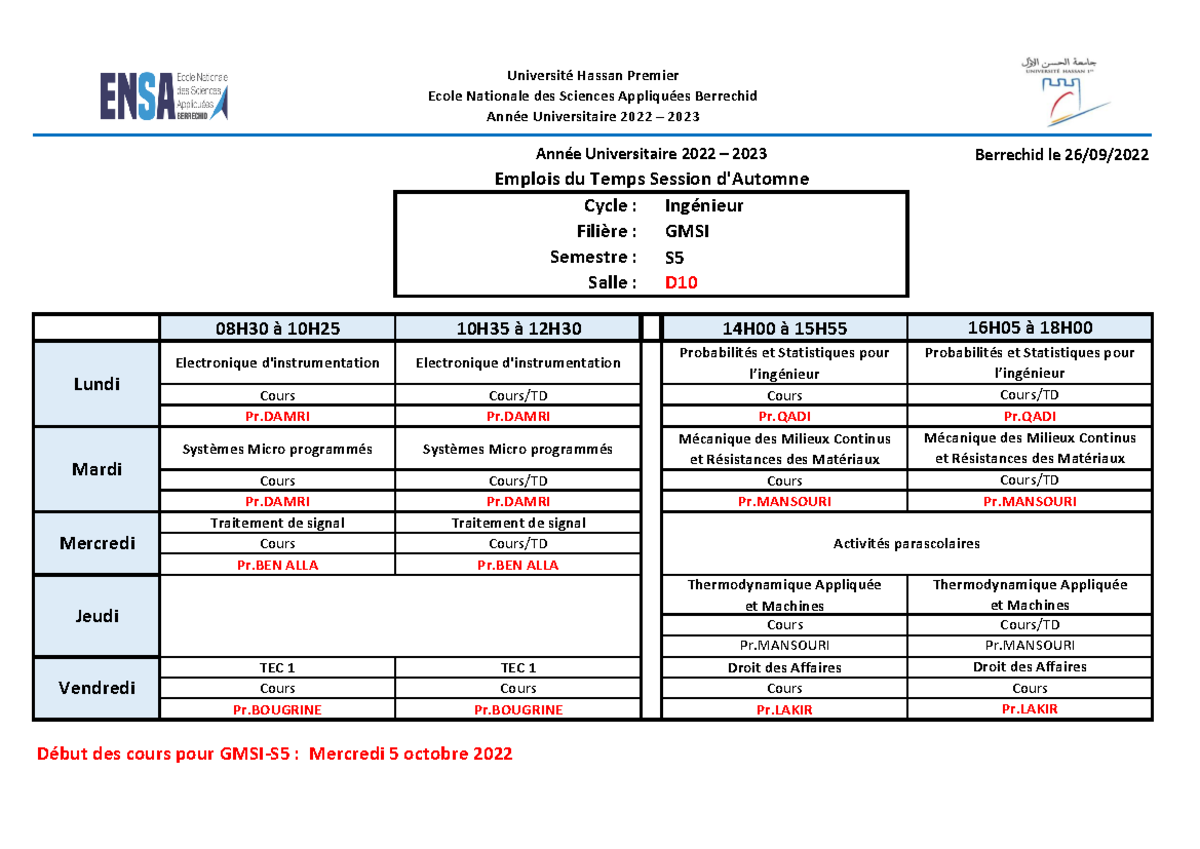 Genie mecatronique et systemes intelligents semestre 5S5 - Berrechid le ...