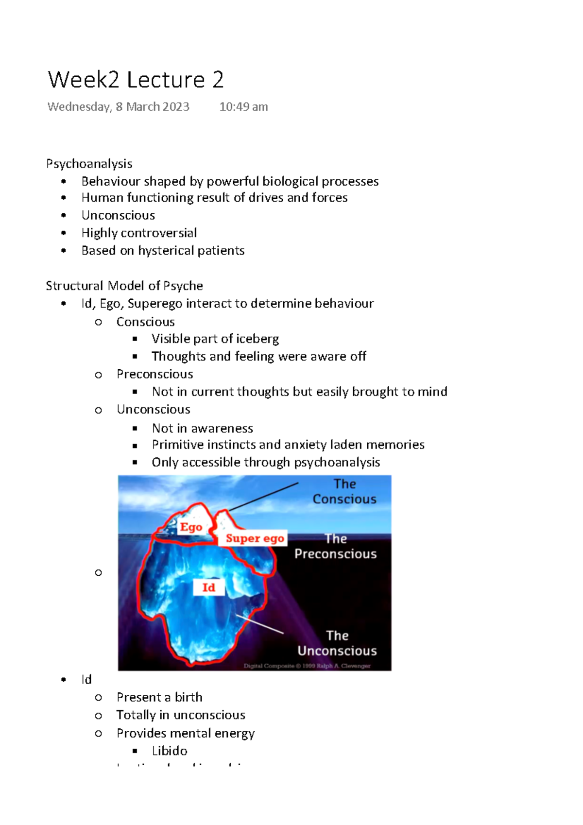 Week2 Lecture 2 - Psychoanalysis Behaviour shaped by powerful biological processes Human ...
