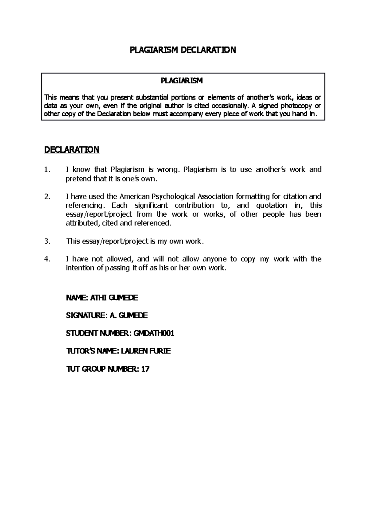 neuro psychology assignment - PLAGIARISM DECLARATION PLAGIARISM This ...