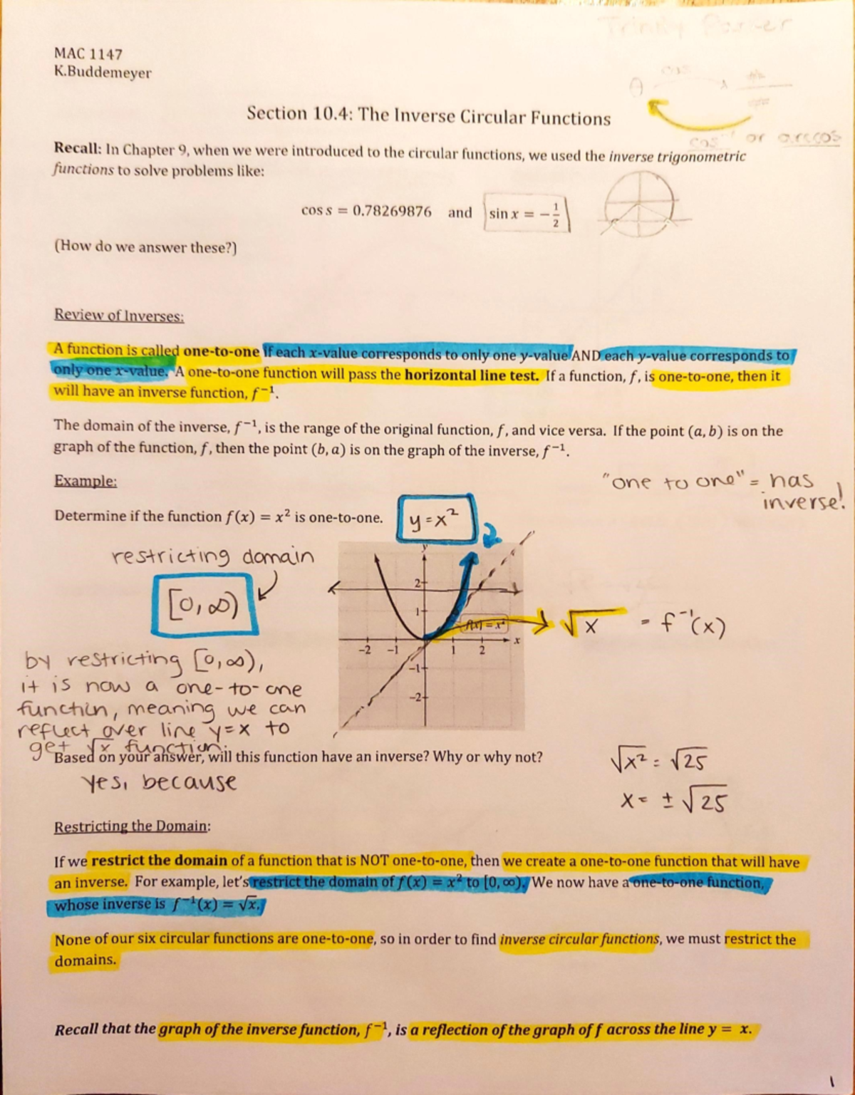 10.4 video notes - K Section 10: The Inverse Circular Functions Recall ...