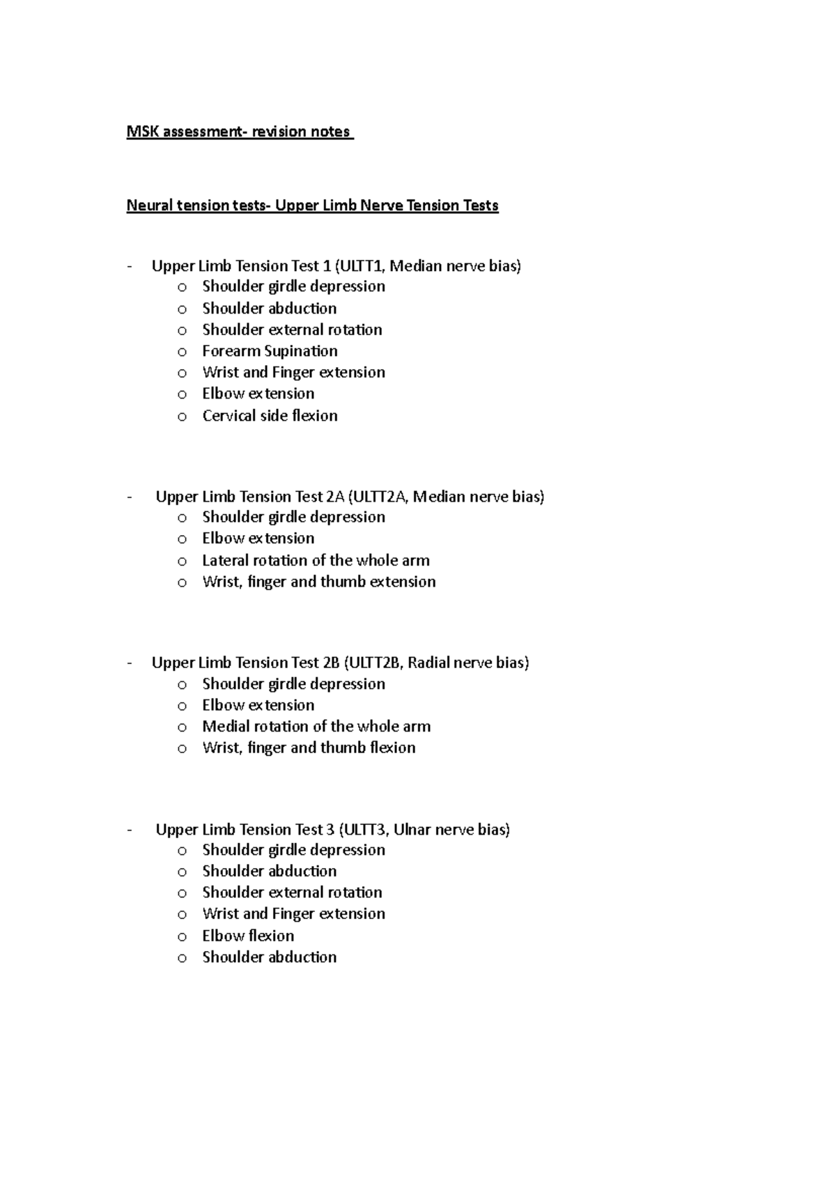 MSK assessment- revision notes - Southampton - Studocu