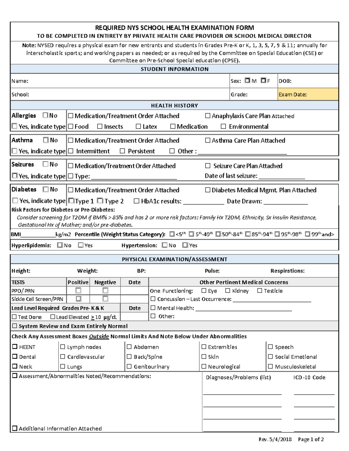 District Health Appraisal Form - Rev. 5/ 4 /2018 Page 1 of 2 REQUIRED ...