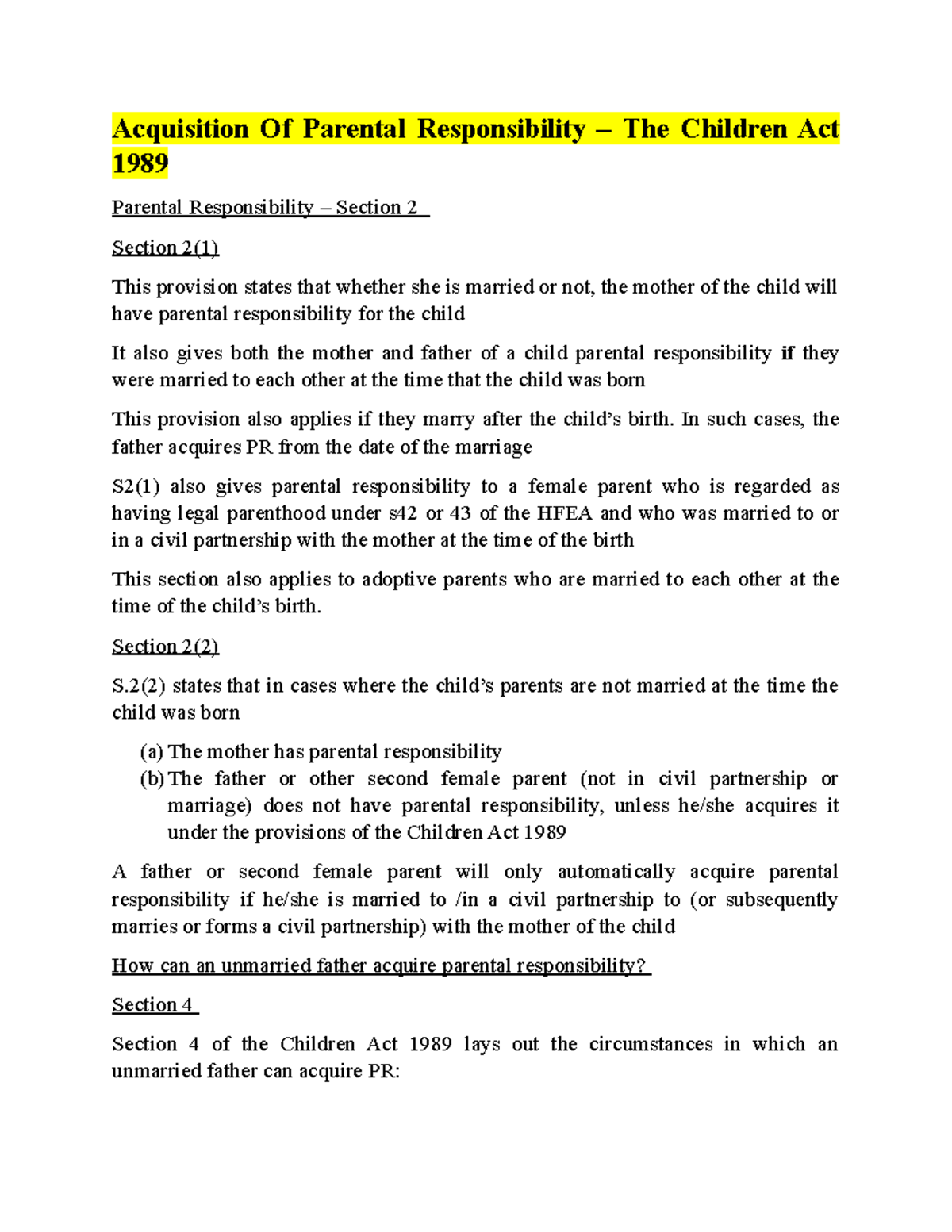 Parental Responsibility – CA 1989 - Acquisition Of Parental ...