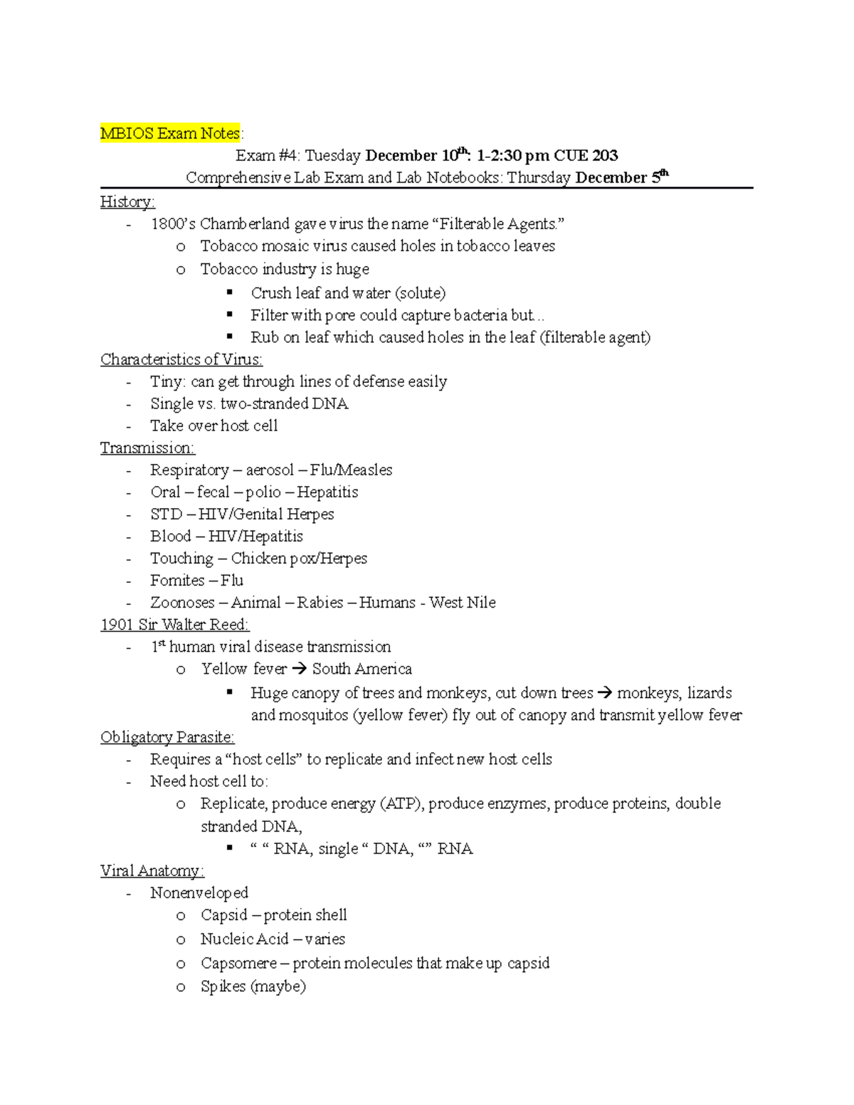 Mbios Final Exam Notes - MBIOS Exam Notes: Exam #4: Tuesday December ...