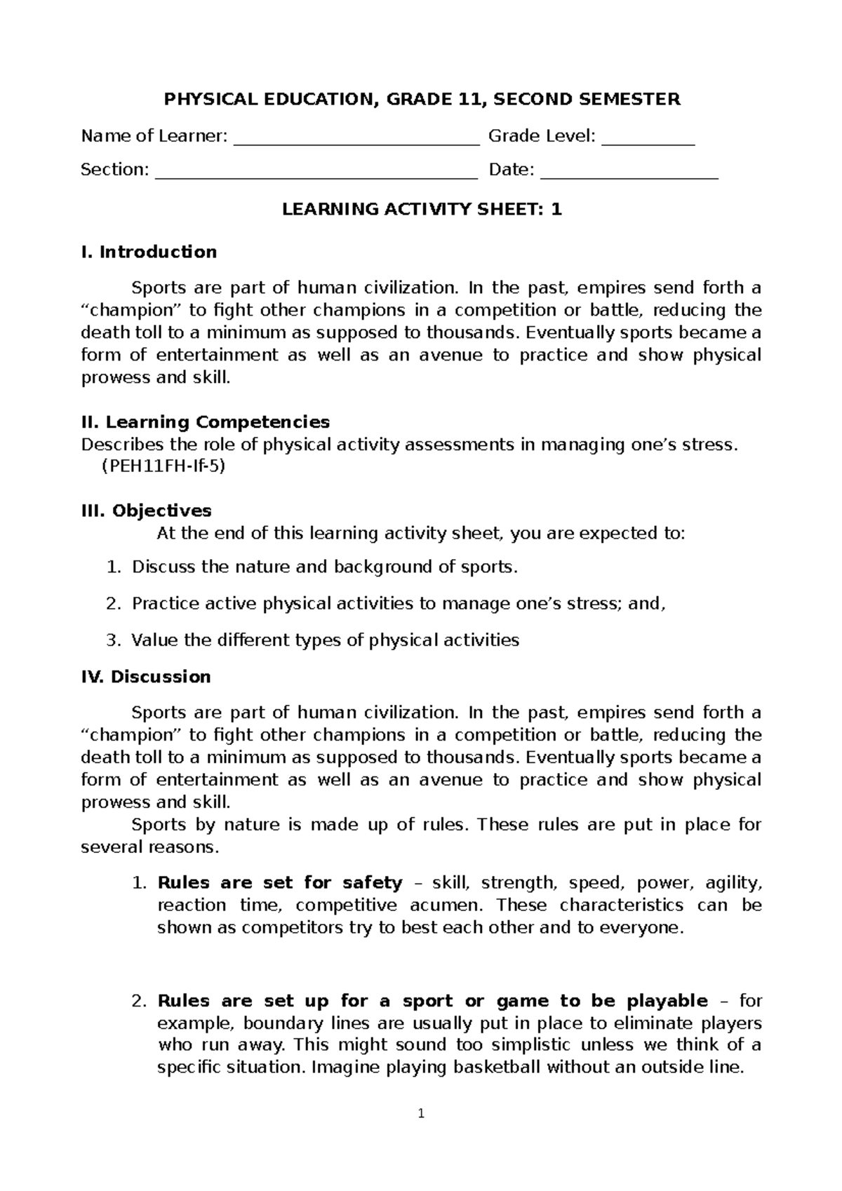HOPE2 LAS 1 Week12 - Module 1 - PHYSICAL EDUCATION, GRADE 11, SECOND ...