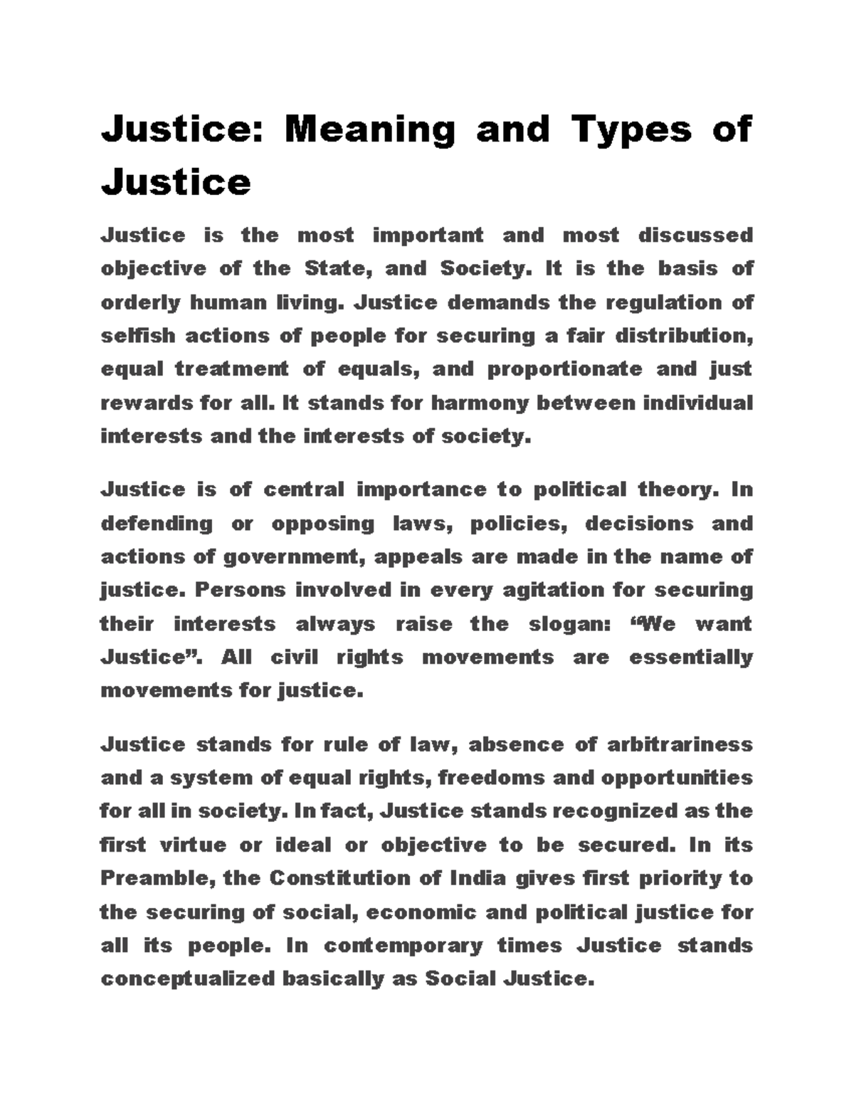 Readings on Justice - Justice: Meaning and Types of Justice Justice is ...