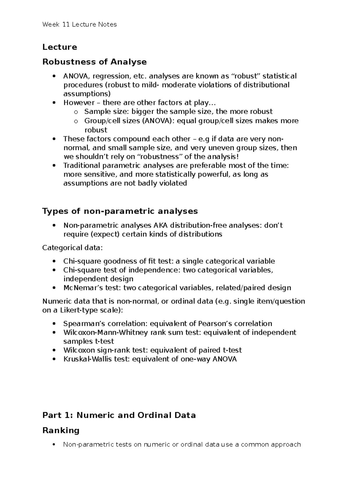 Week 11 Stats notes - Lecture Robustness of Analyse ANOVA, regression ...