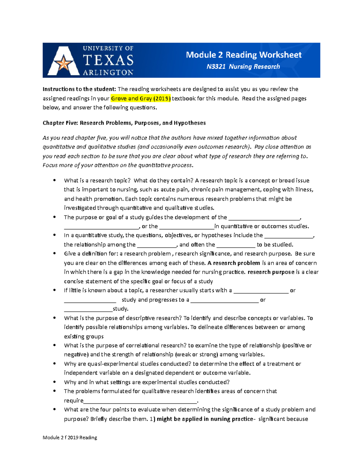 N3321 Module two Reading Worksheet canv f 2019-1 - NURS 3321 - UT ...