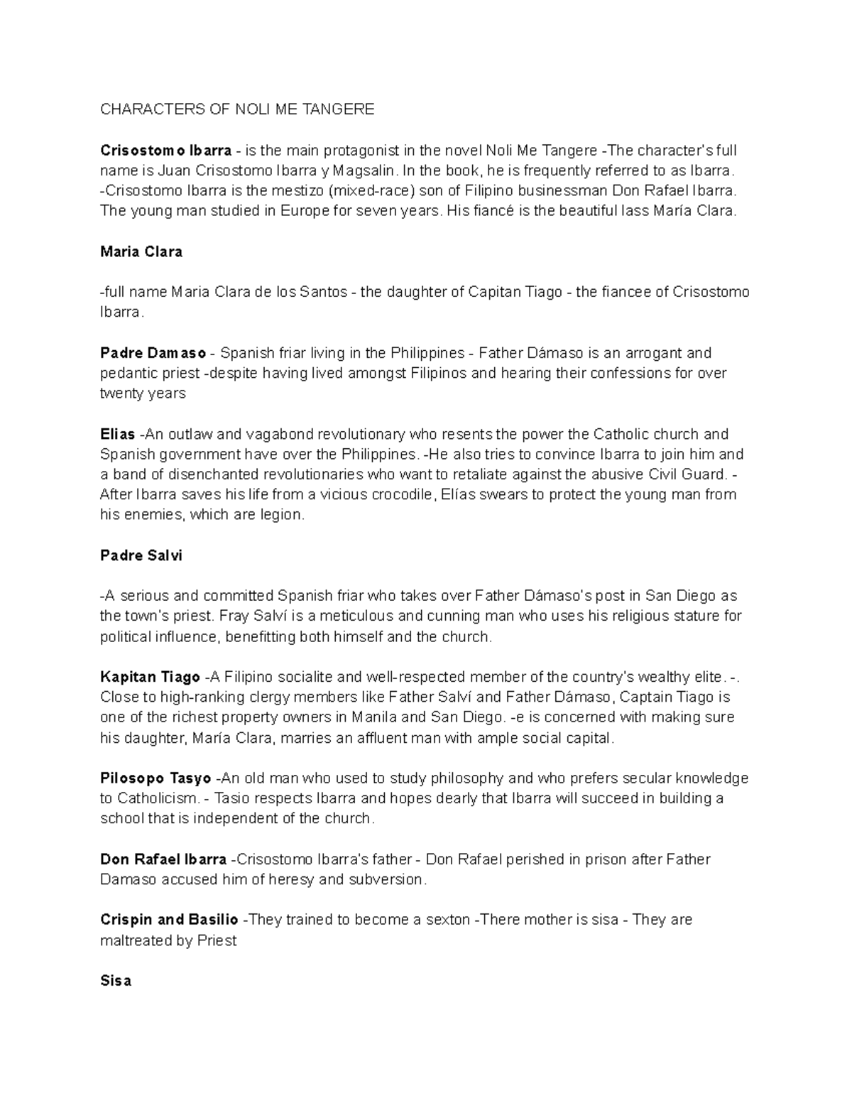 Characters OF NOLI ME Tangere - CHARACTERS OF NOLI ME TANGERE ...