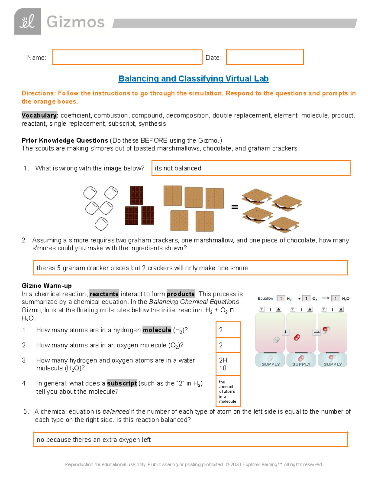Copy of Balancing and Classifying Virtual Lab - Name: Date: Balancing ...